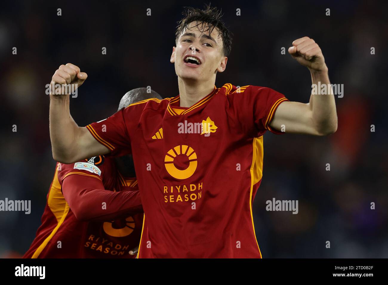 Roma’s Italian midfielder Niccolo Pisilli celebrates after scoring a ...