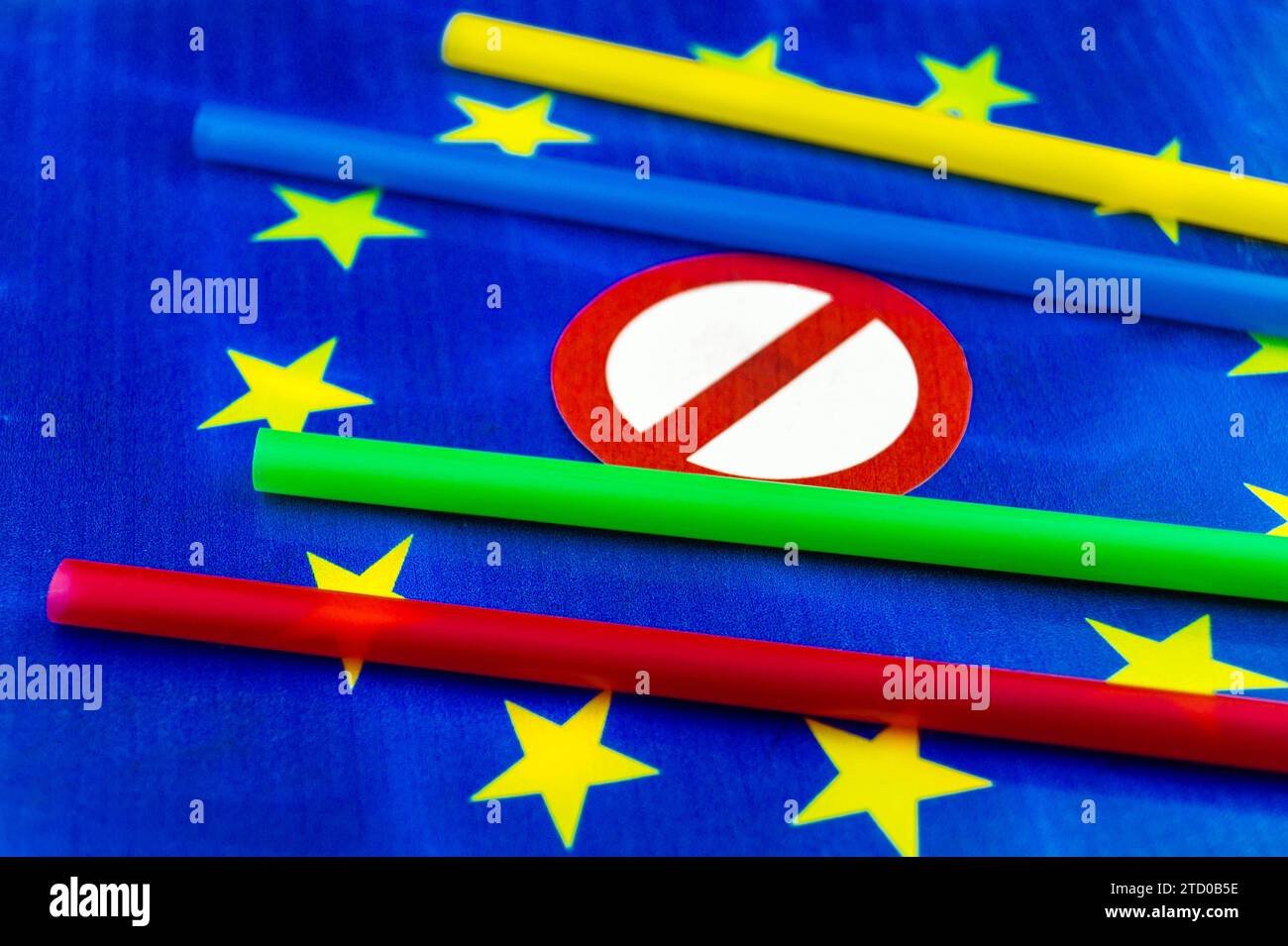 Plastic straws on European flag with prohibition sign, ban on plastic ...