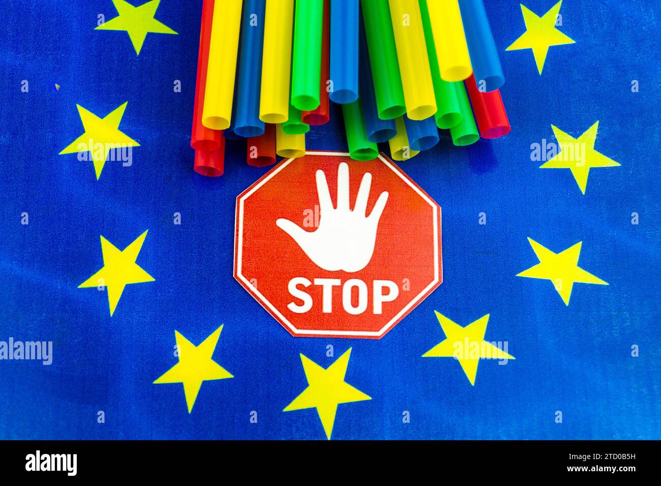 Plastic straws on European flag with stop sign, ban on plastic in the ...