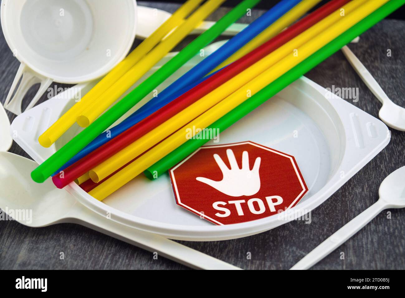 Plastic straws and tableware with stop sign, ban on plastic in the EU ...