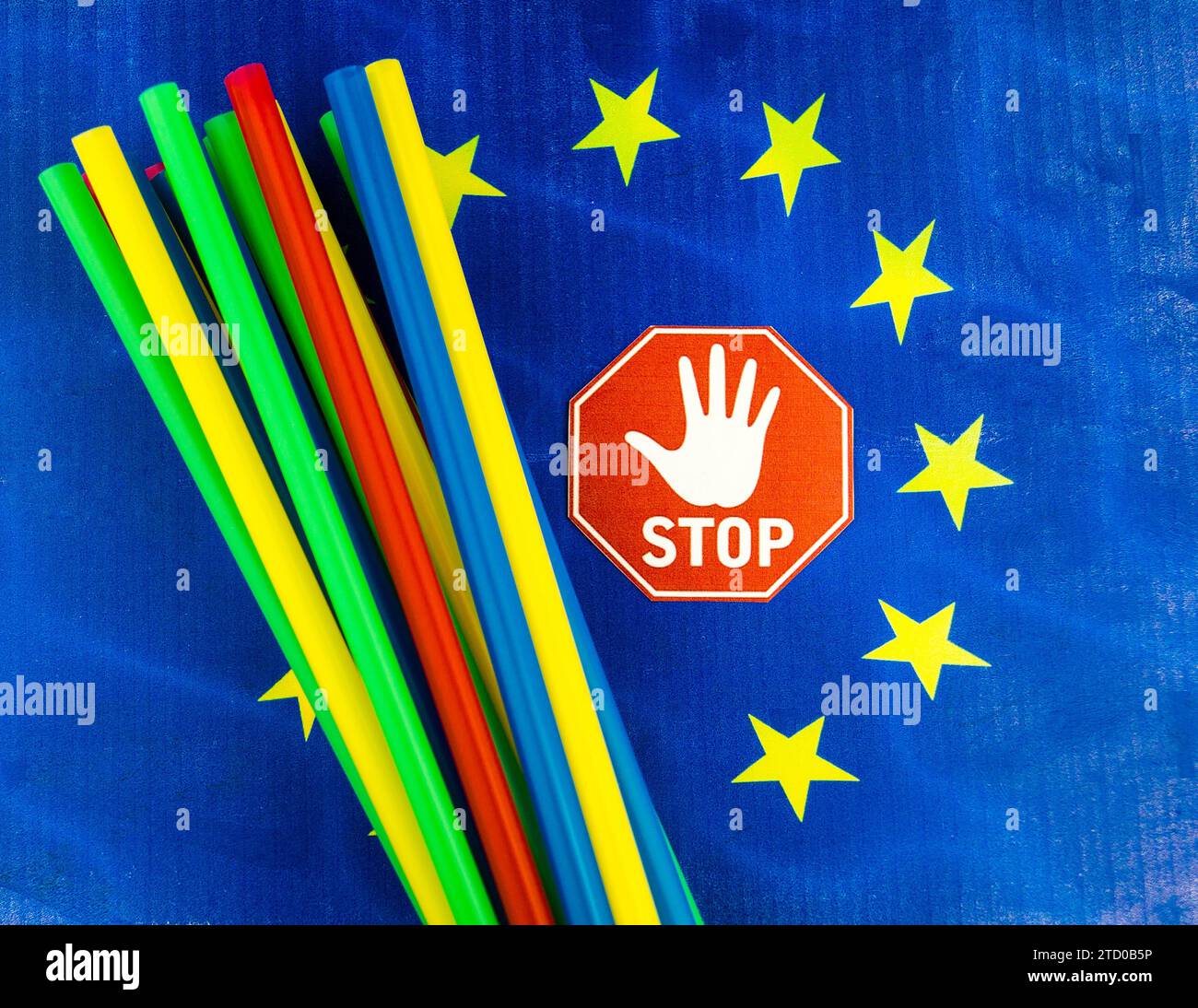 Plastic straws on European flag with stop sign, ban on plastic in the ...