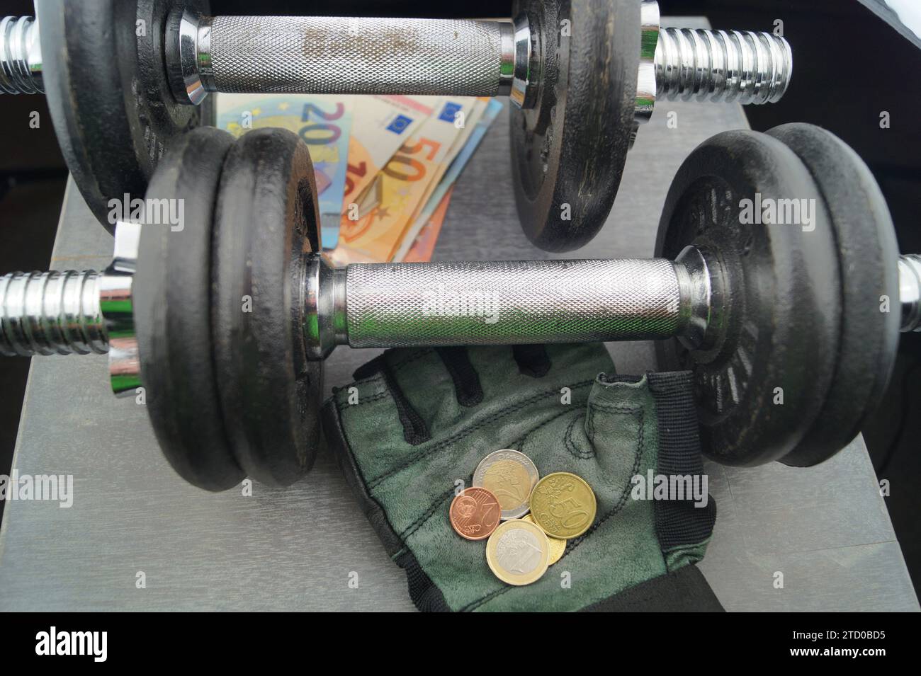 money, dumbbells and workout glove, symbol for fitness costs Stock ...