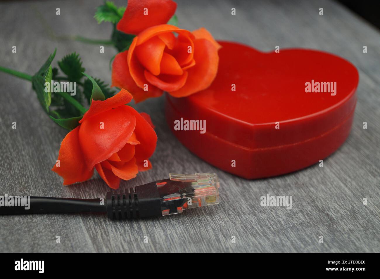 red heart and red roses with black internet cable, symbolic image of ...