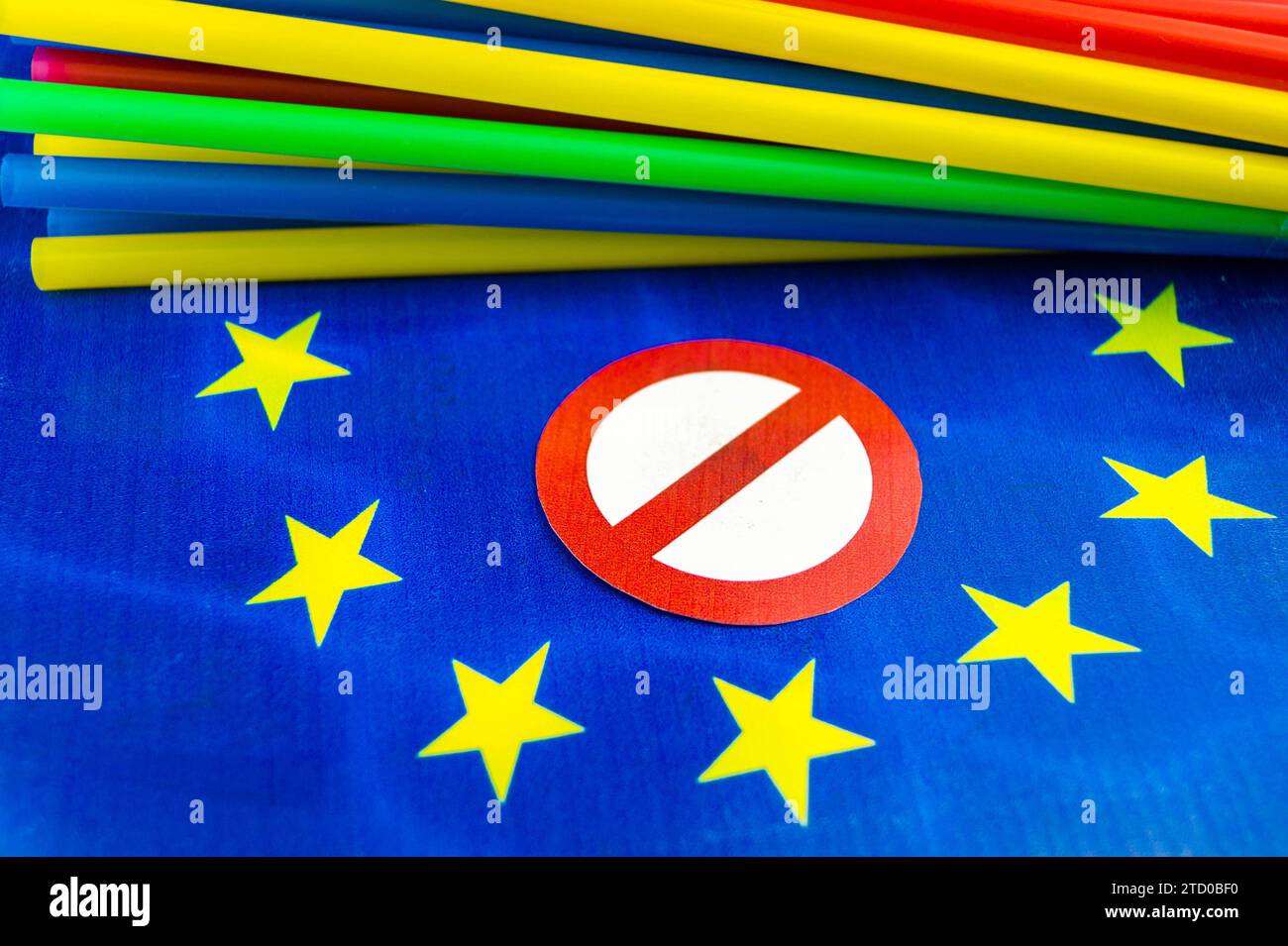 Plastic straws on European flag with prohibition sign, ban on plastic ...