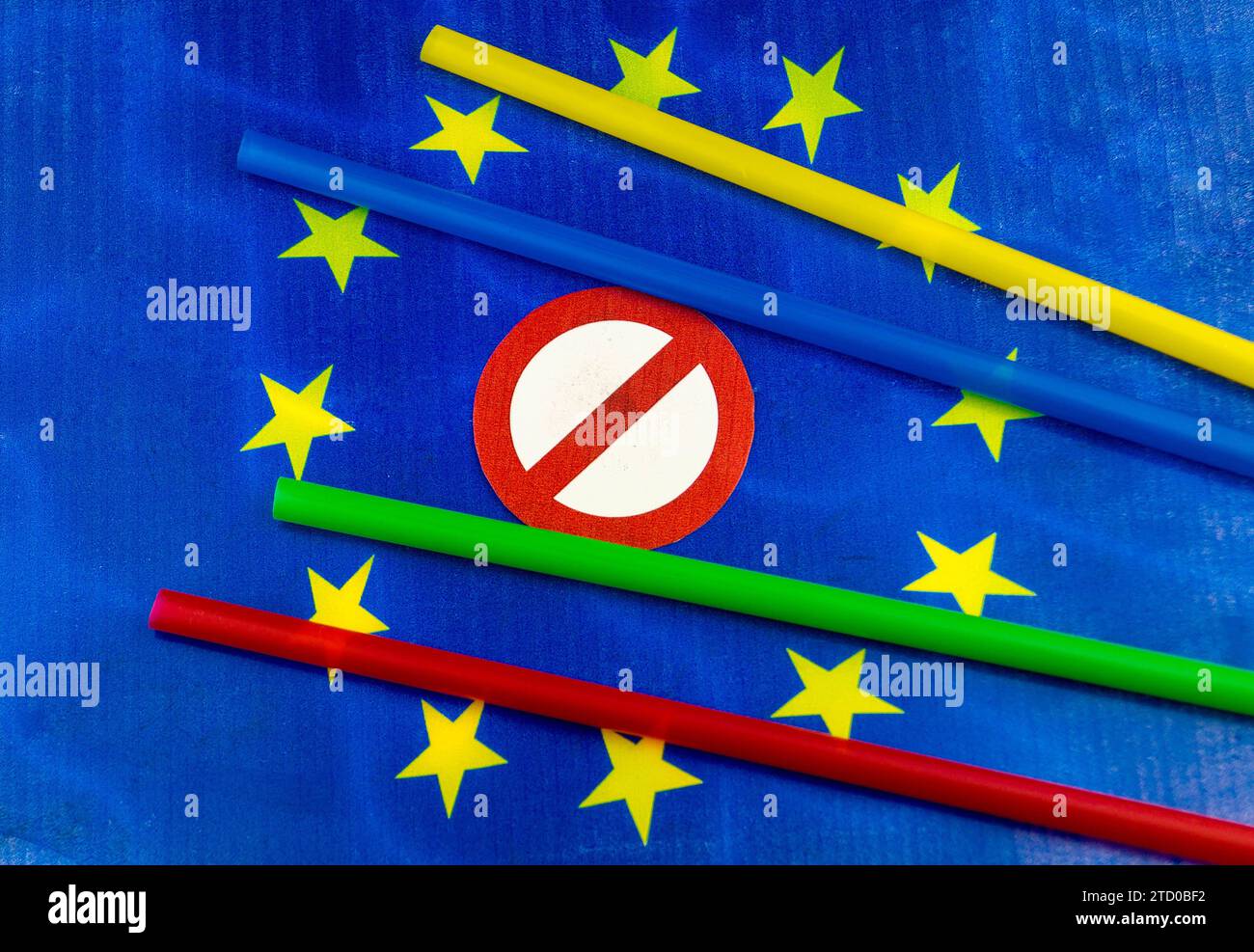Plastic straws on European flag with prohibition sign, ban on plastic ...