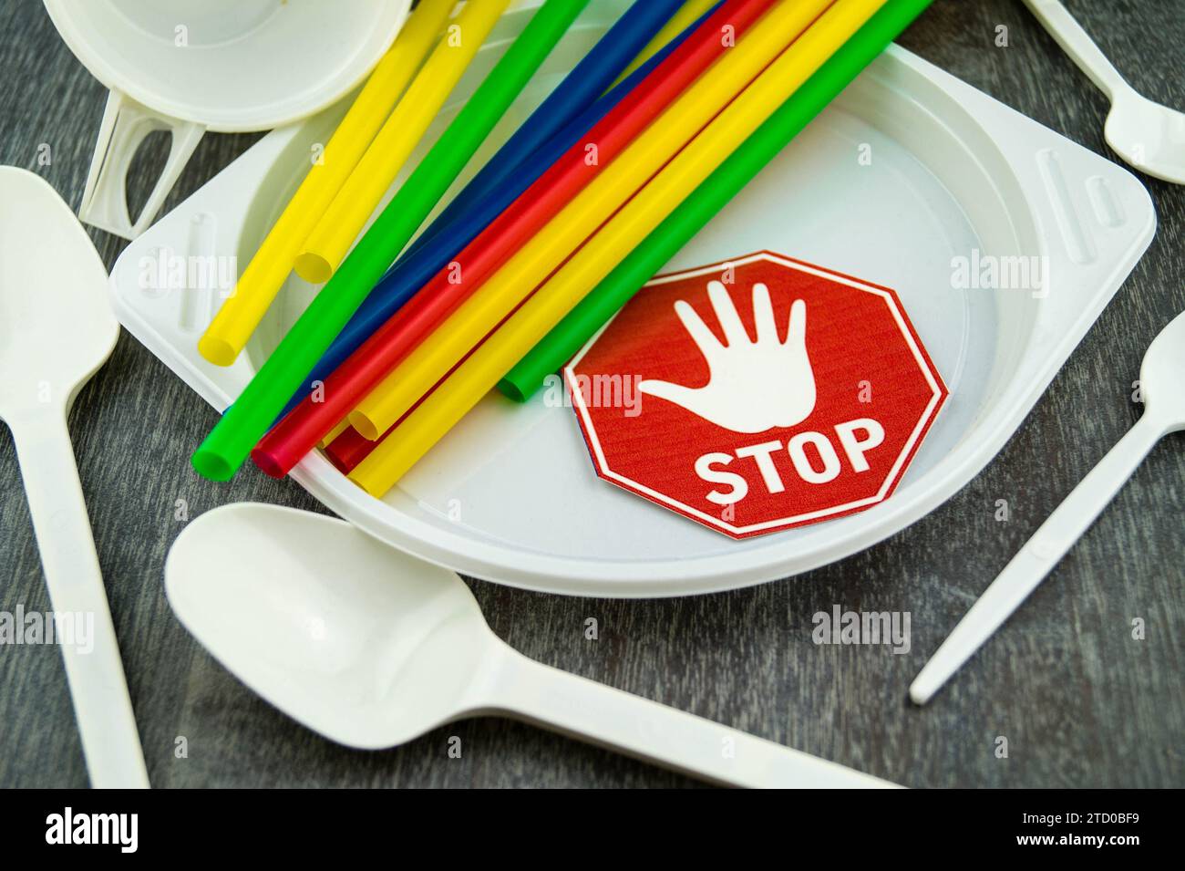 Plastic straws and tableware with stop sign, ban on plastic in the EU ...