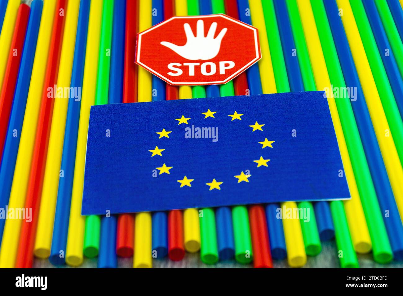 Plastic straws with European flag and stop sign, ban on plastic in the ...