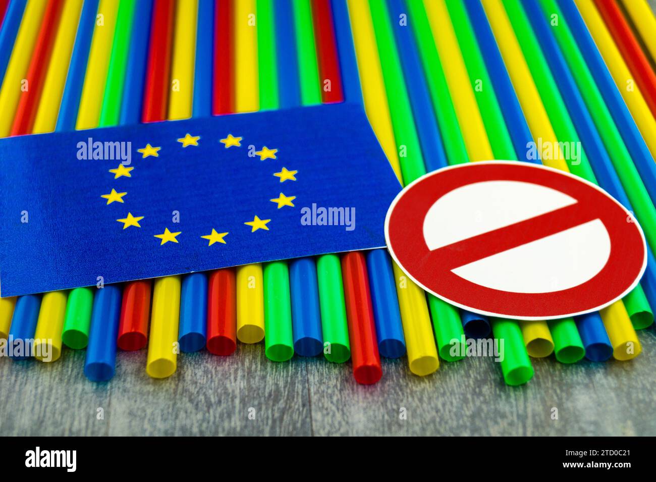 Plastic straws with European flag and prohibition sign, ban on plastic ...