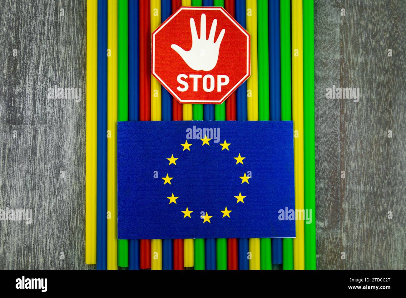 Plastic straws with European flag and stop sign, ban on plastic in the ...