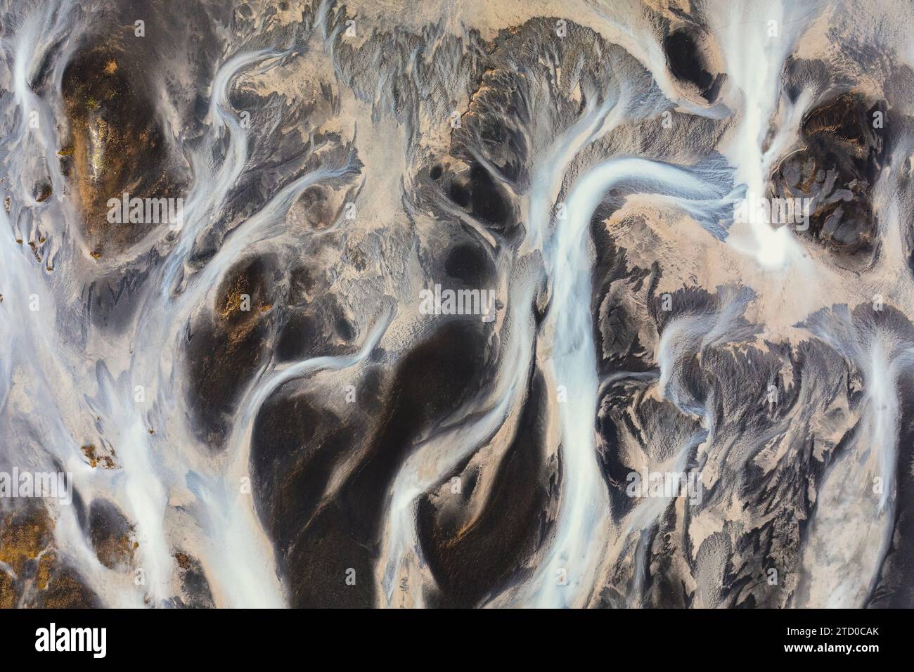 An aerial shot of Iceland's river basin, showcasing swirling patterns ...
