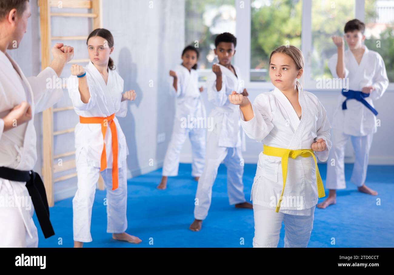 Tween girl practicing punches during group martial arts workout Stock ...