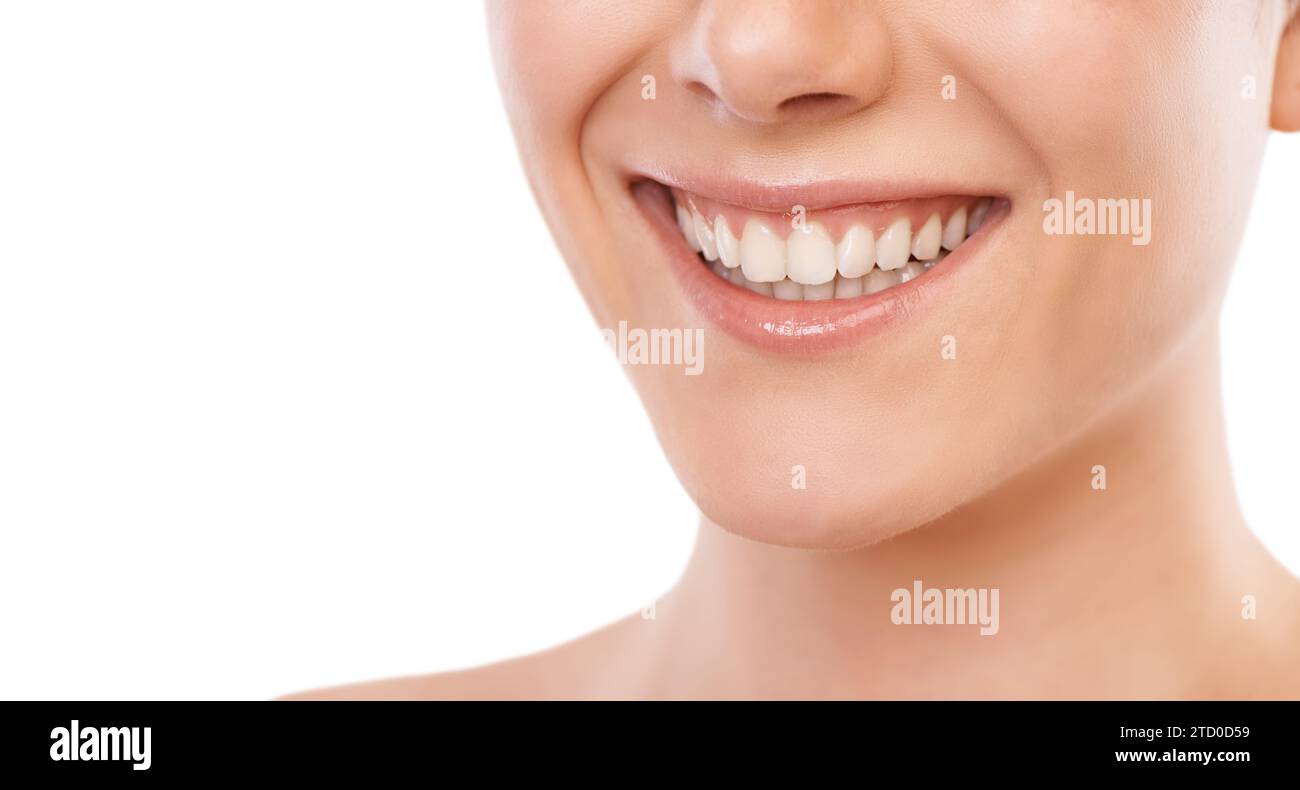 Happy woman, teeth and smile for dentist, mouth hygiene or dermatology ...