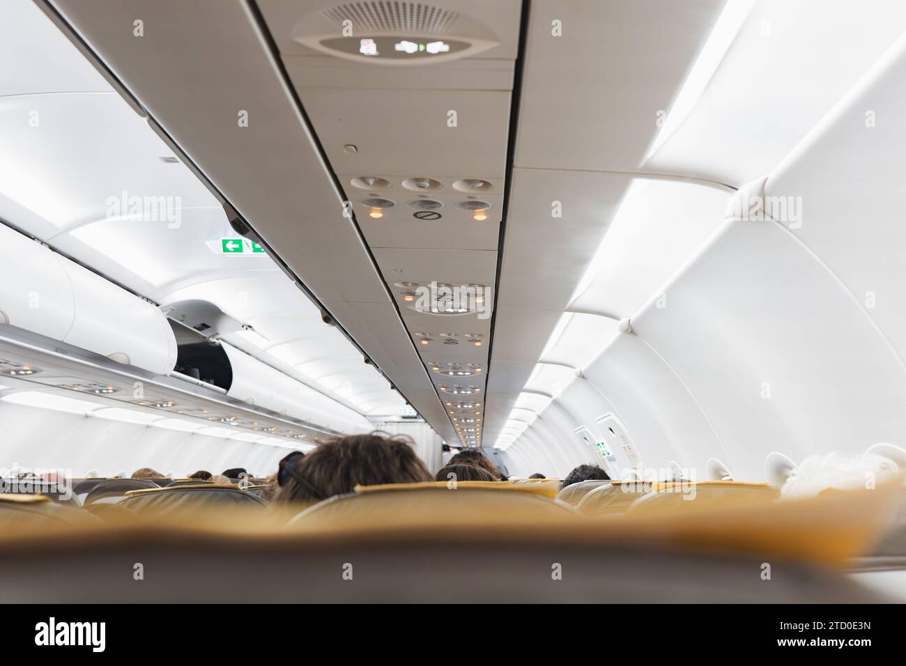 A serene perspective of an airplane cabin with passengers seated ...