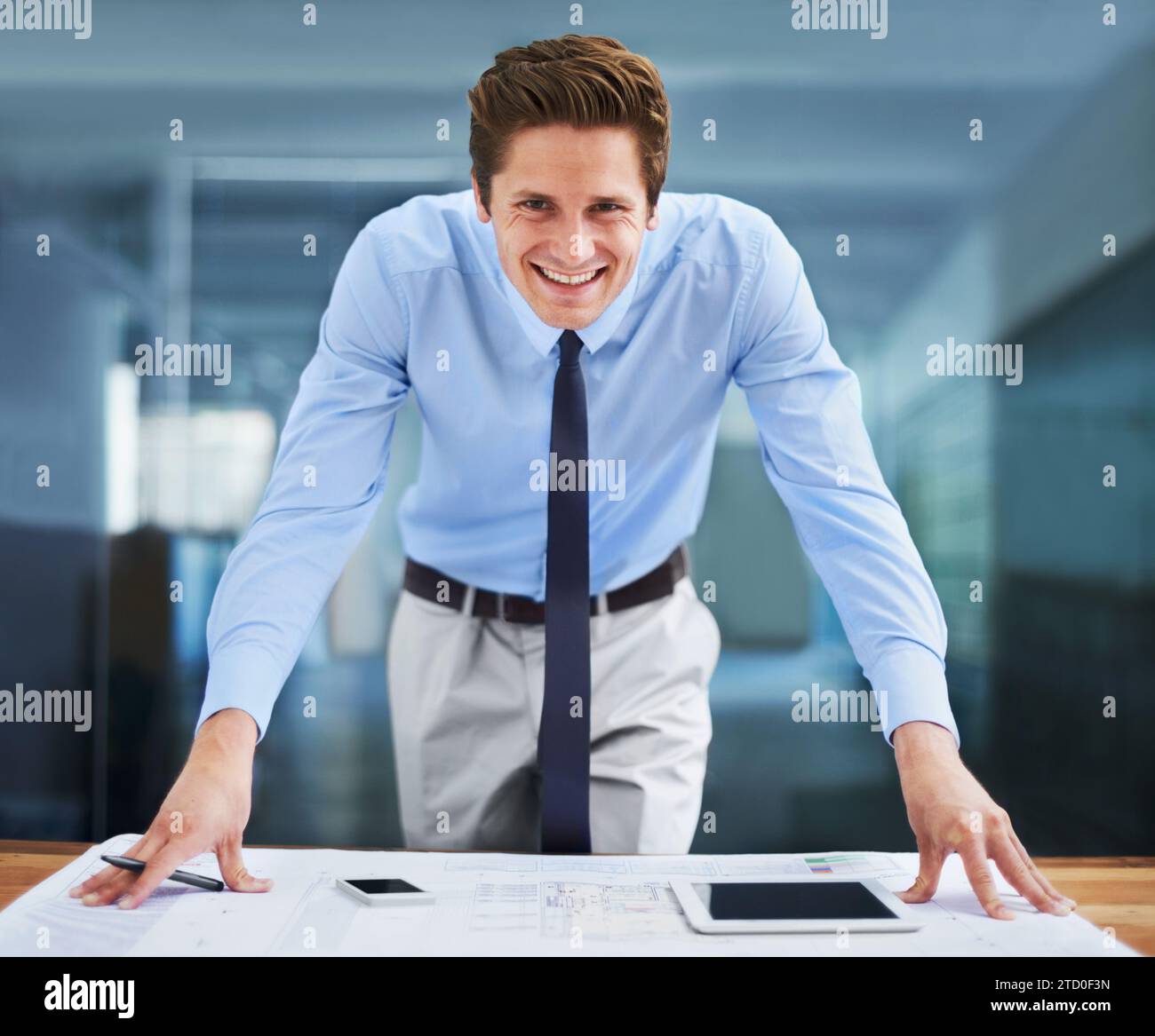 Architect, man and smile in portrait, blueprint and project management ...