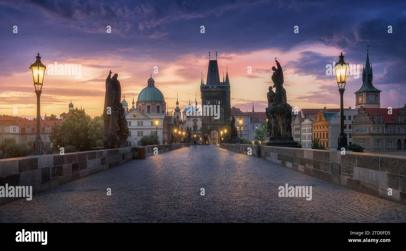 Serene twilight over Charles Bridge, featuring iconic Prague landmarks ...