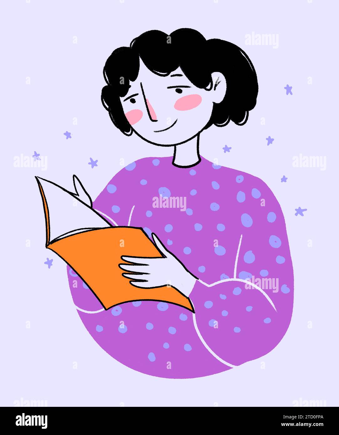 Illustration of smiling woman with stars pattern reading book isolated ...