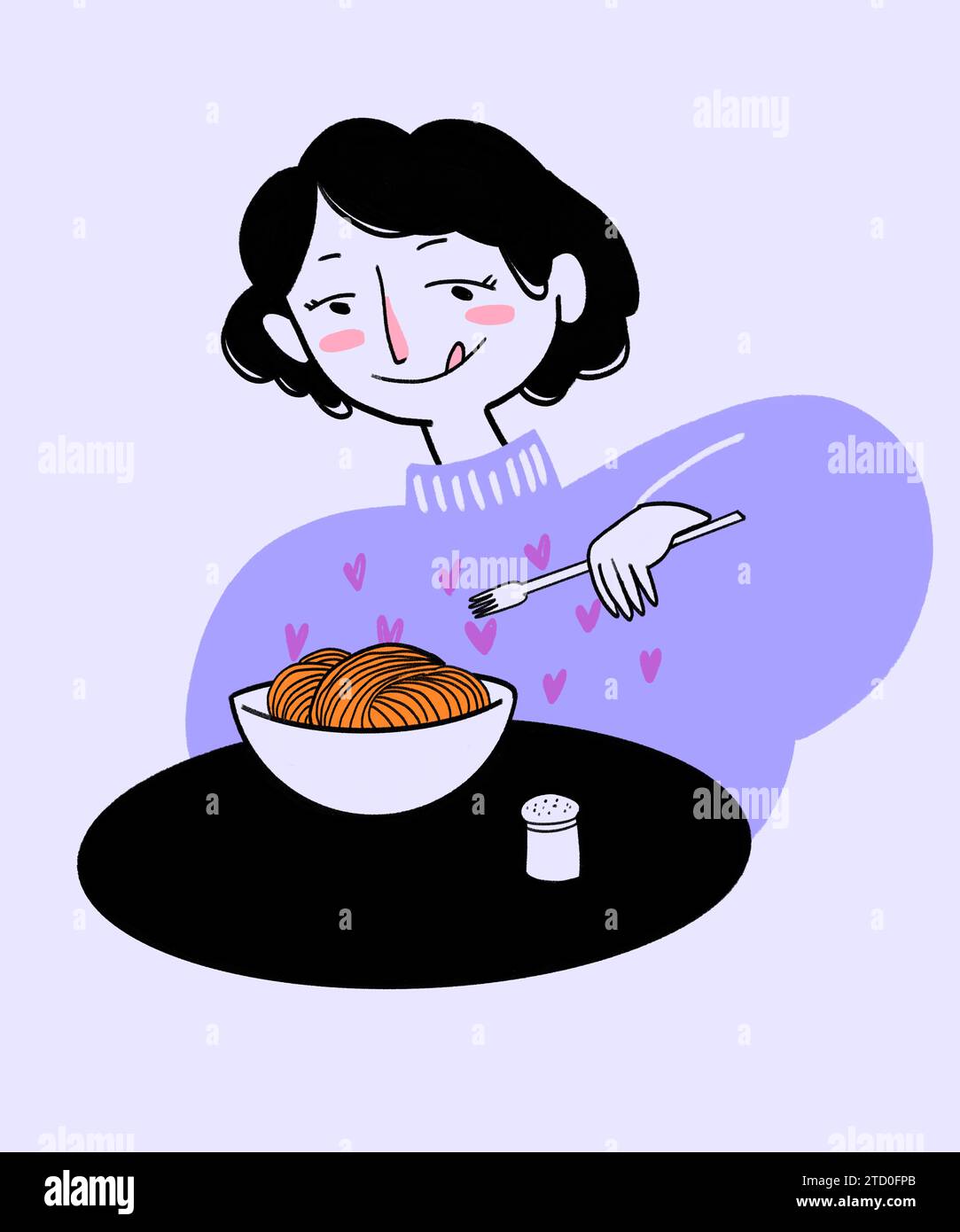 Illustration of hungry woman eating noodles with fork while sitting at ...