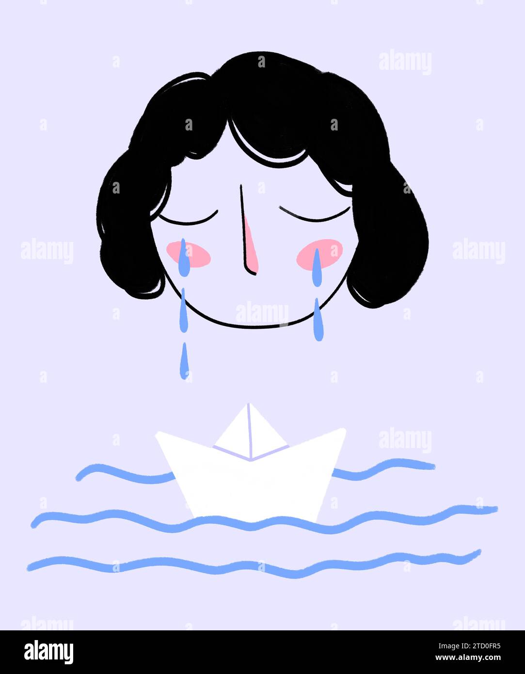 Illustration of depressed woman crying while paper boat floating on ...