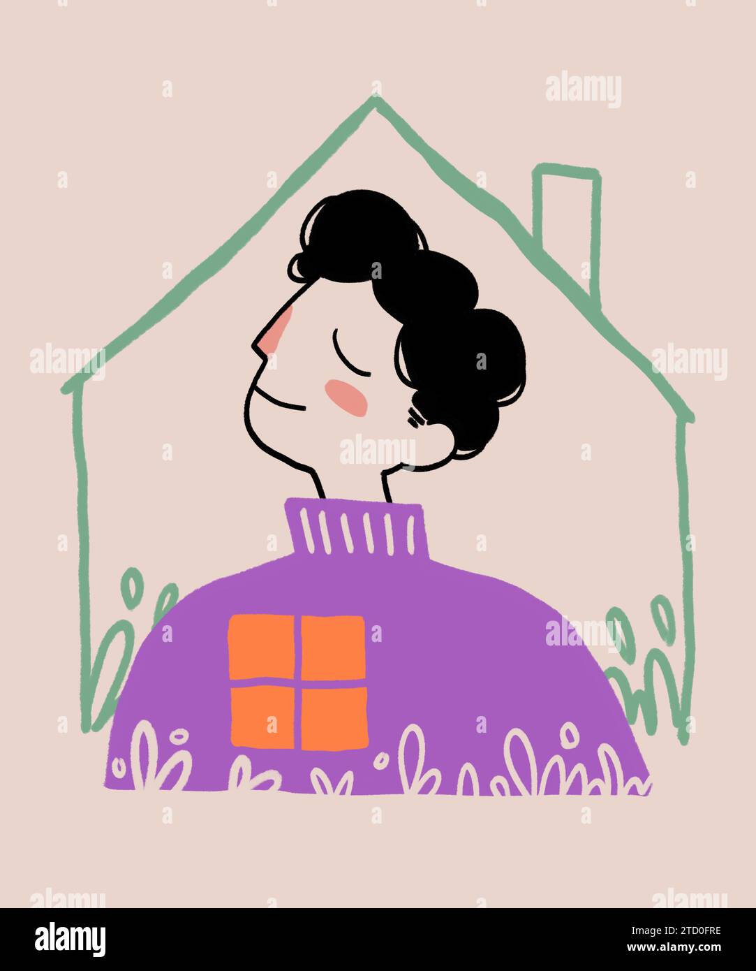 Illustration of happy male introvert with curly black hair inside house ...