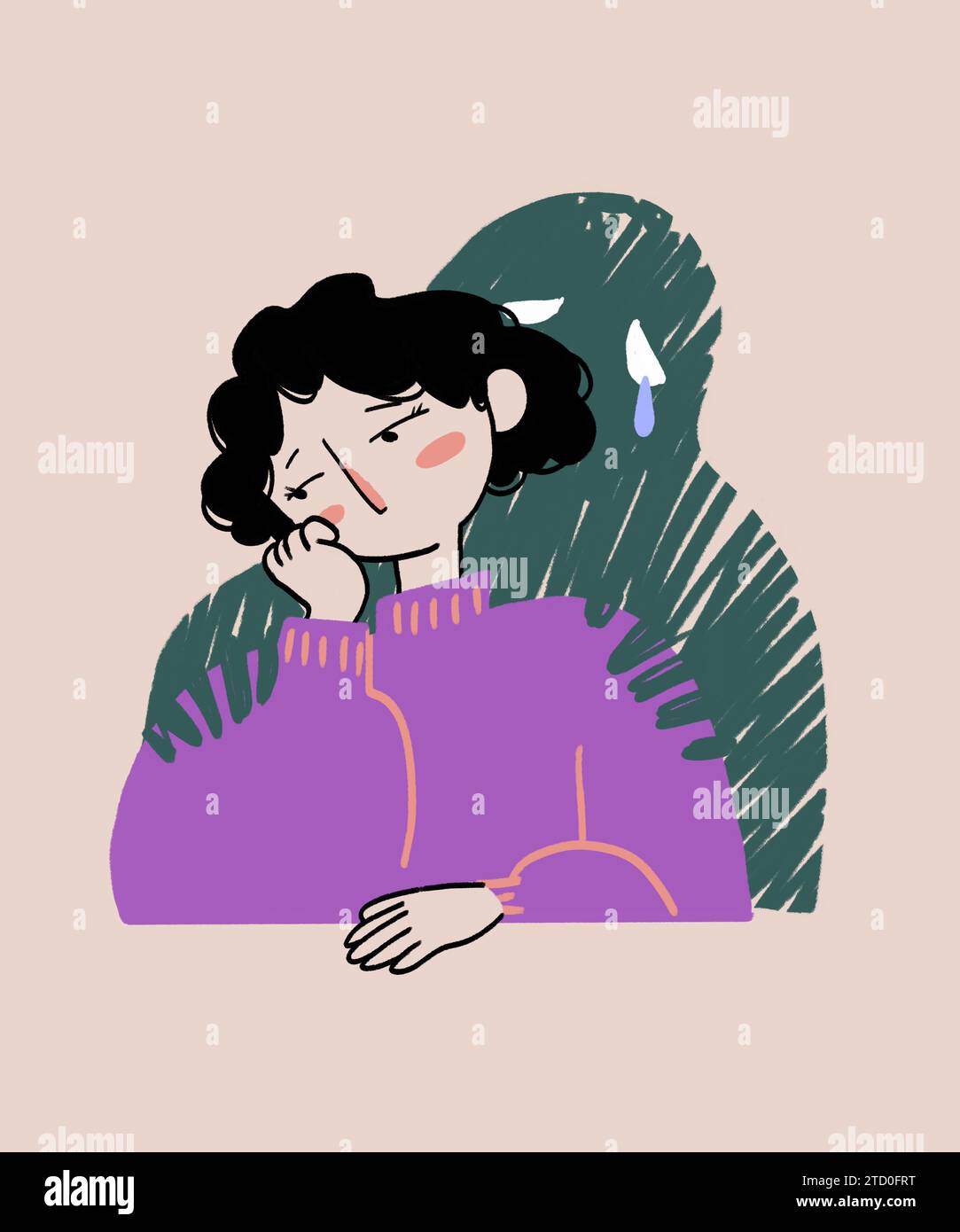 Illustration of sad female with black wavy hair in purple sweater ...