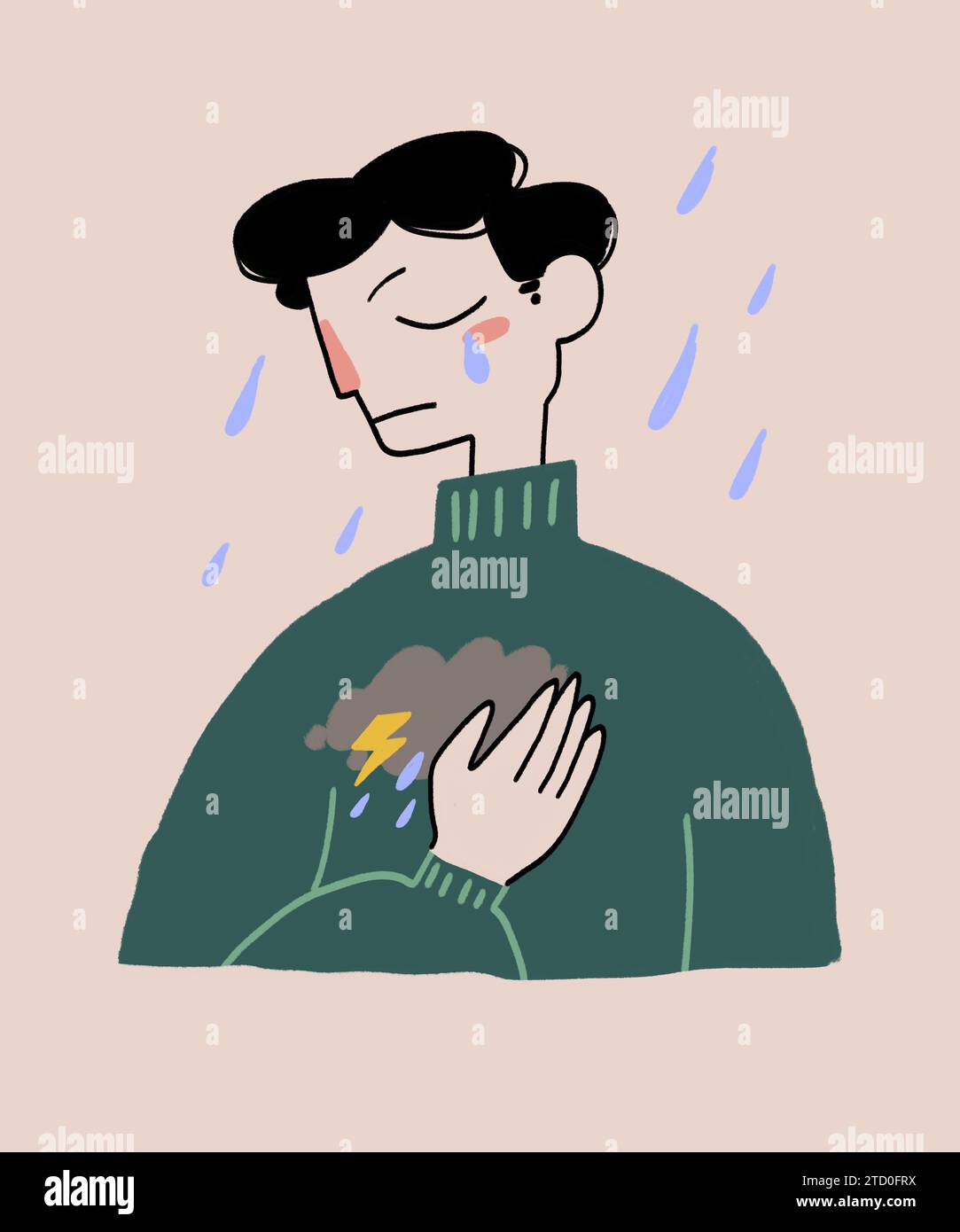 Illustration of sad male in green sweater standing under rain and ...