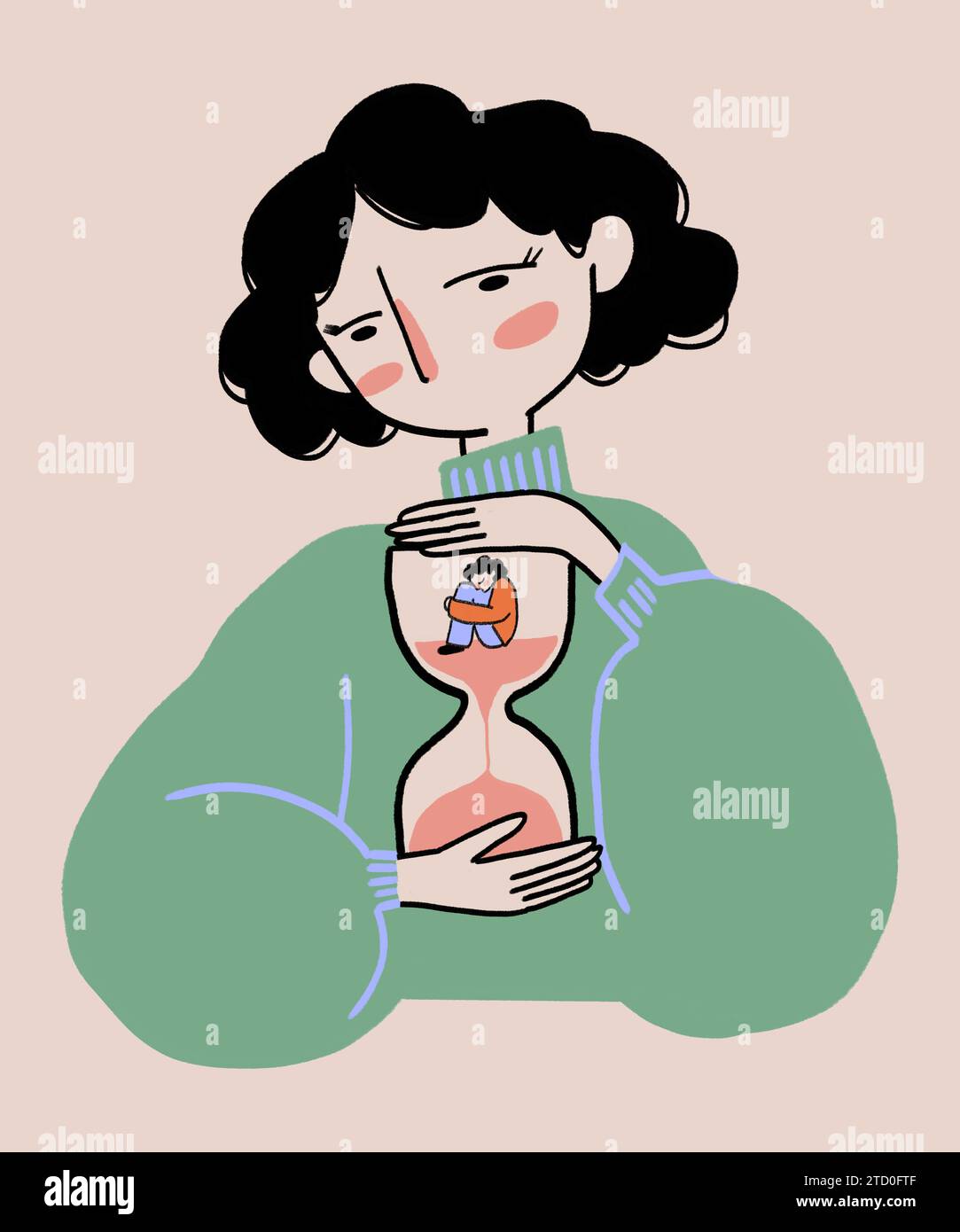 Illustration of female in green sweater holding hourglass with stressed ...