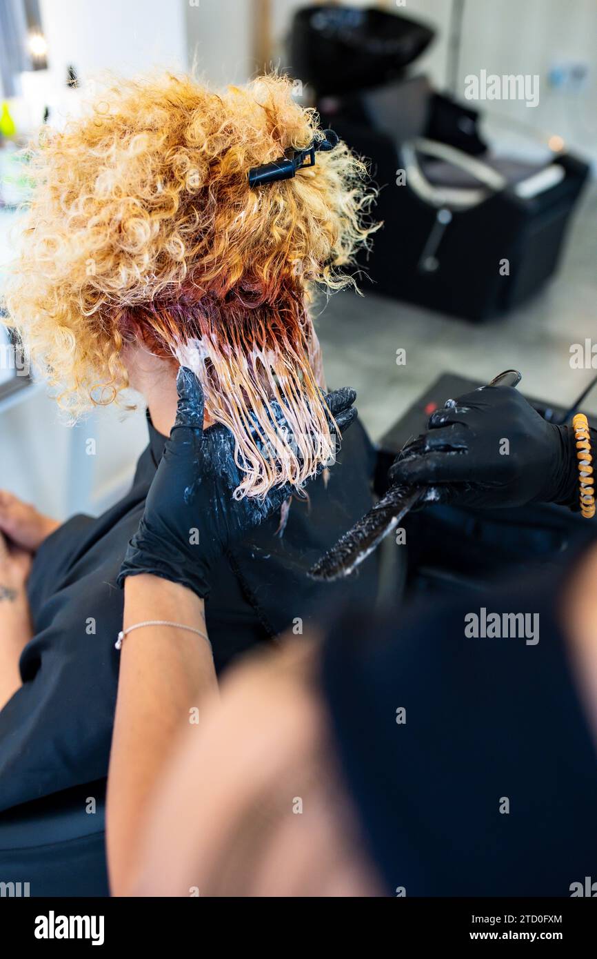 Professional hairdresser applies dye to client's curly hair in a salon ...