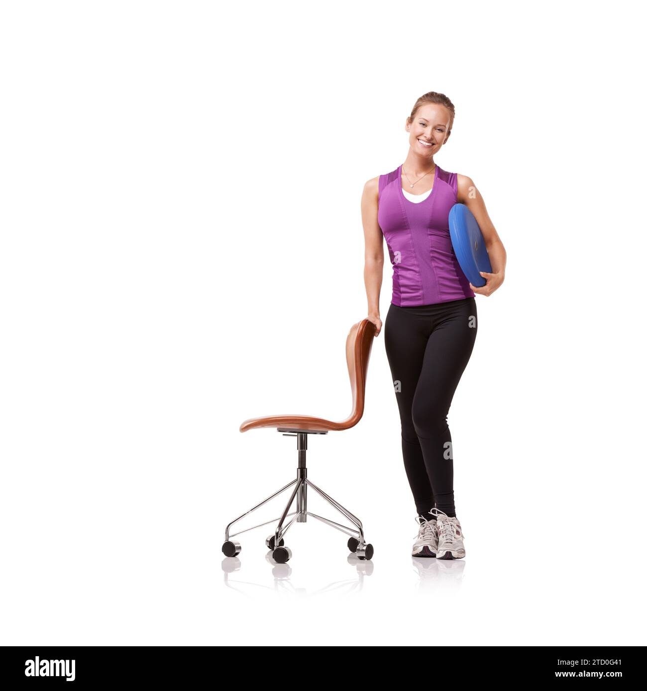 Portrait, chair and woman exercise for posture with pillow in white ...