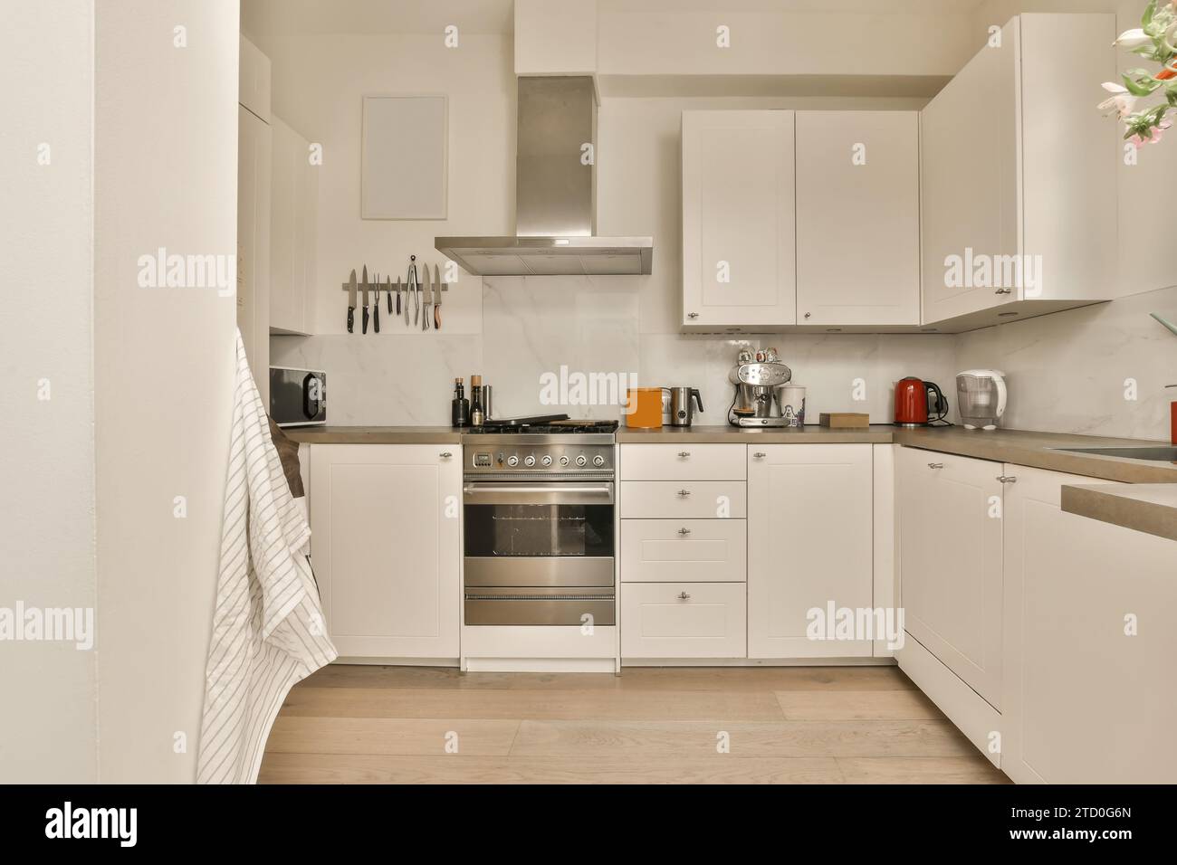 White cabinets with stainless steel appliances and rangehood over ...
