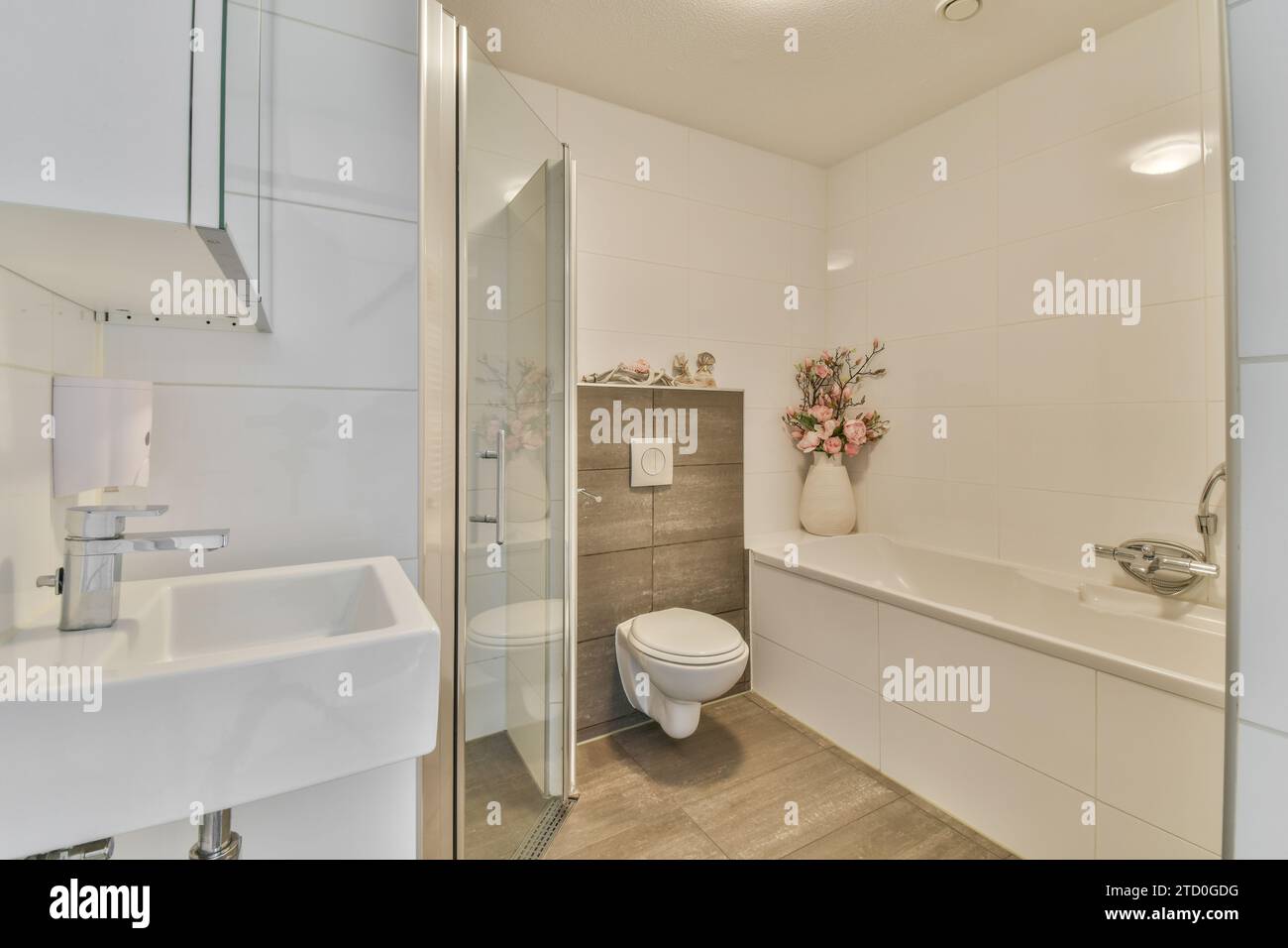 Shower cabin with empty bathtub and toilet seat in spacious bathroom at ...