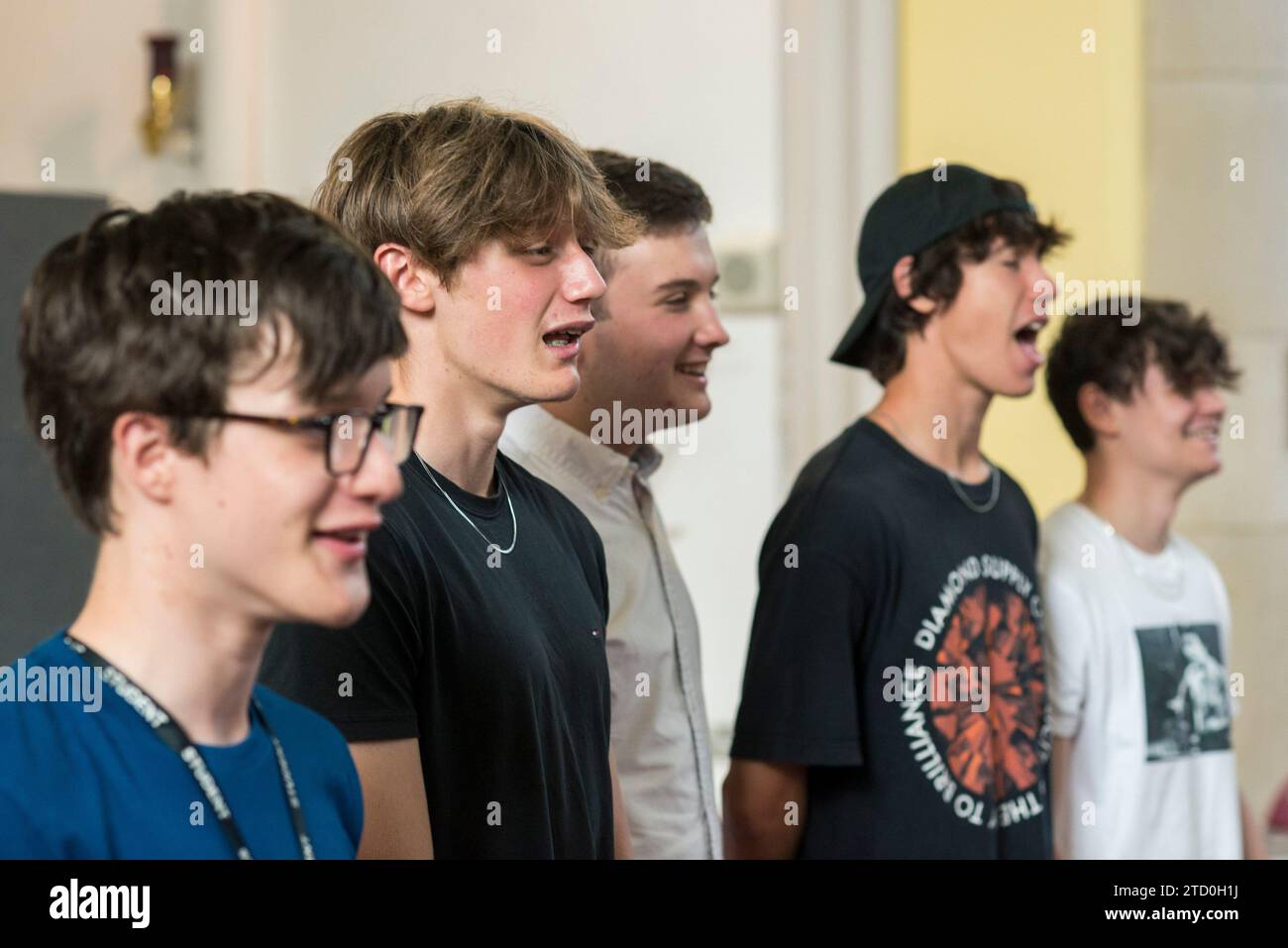 A group of boys sing in a choir at school in the school Church Stock ...