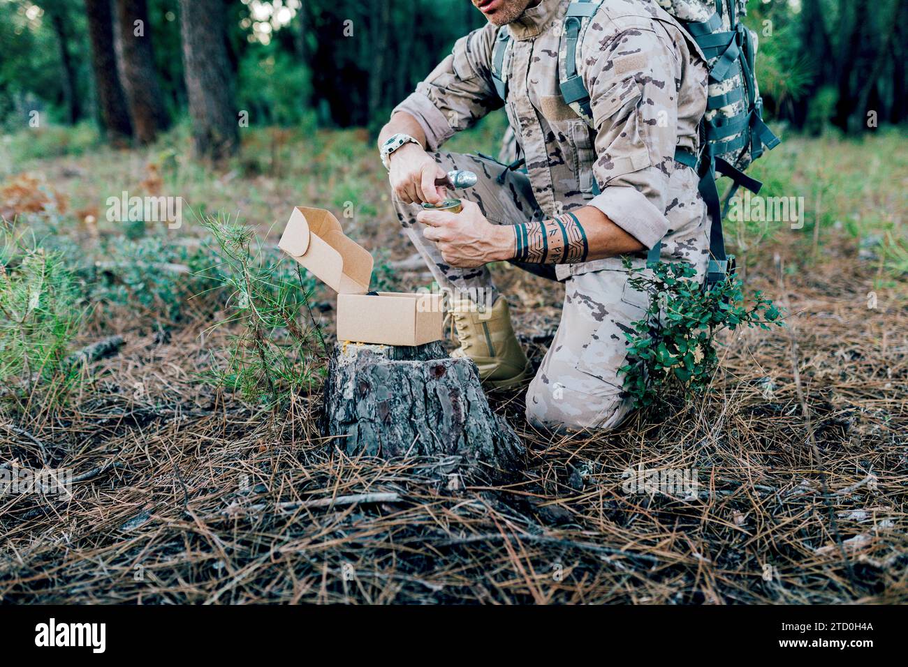 Crop anonymous middle aged special force commando wearing camouflage ...
