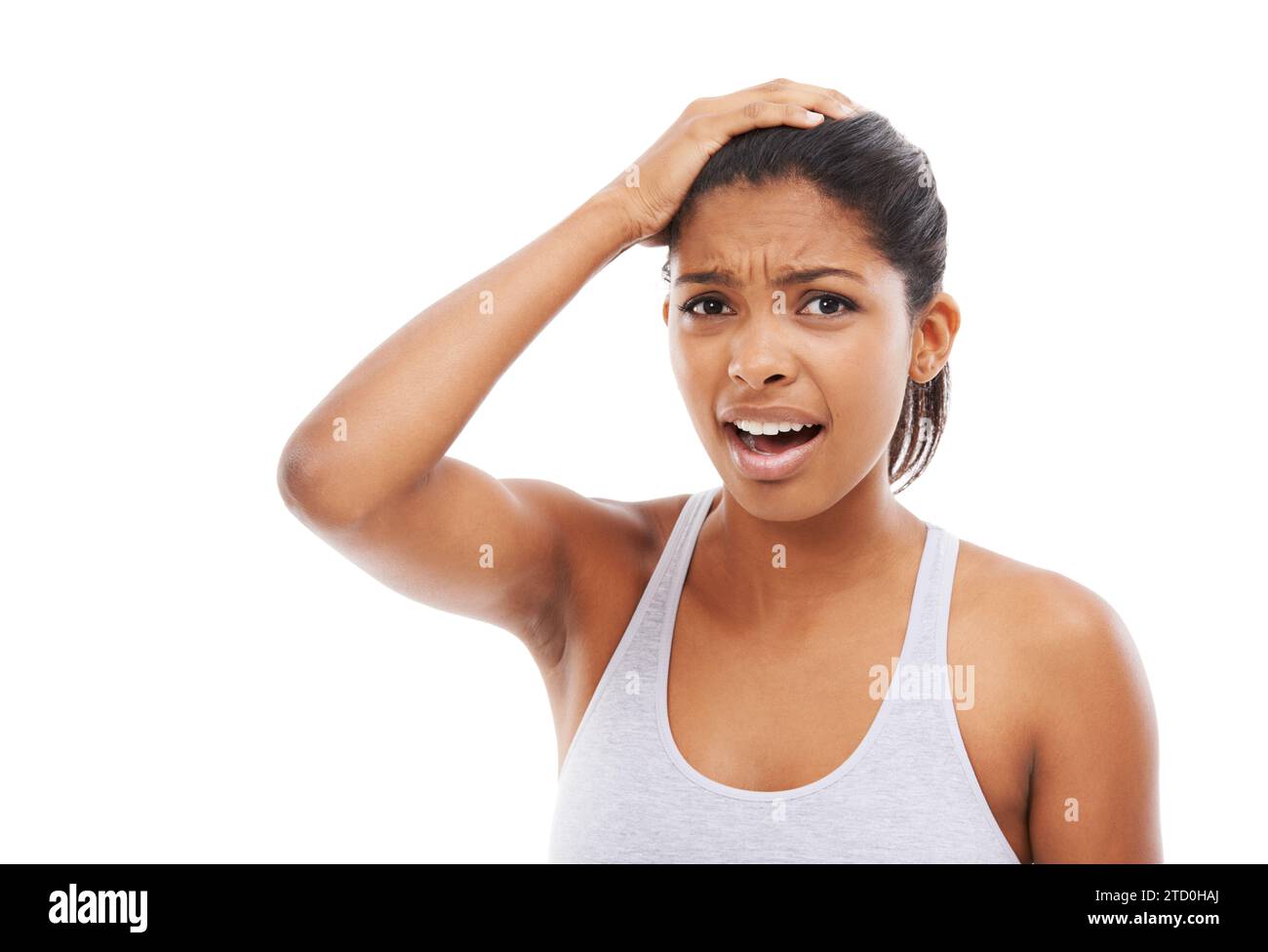 Shocked, woman and portrait with regret of mistake surprise, wow and ...