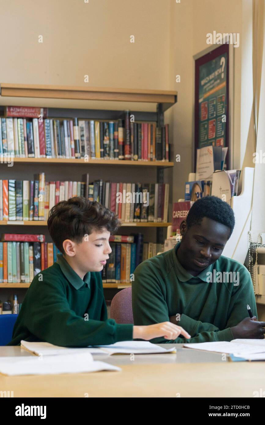 Two boys sit at a desk and work together studying from their workbooks ...