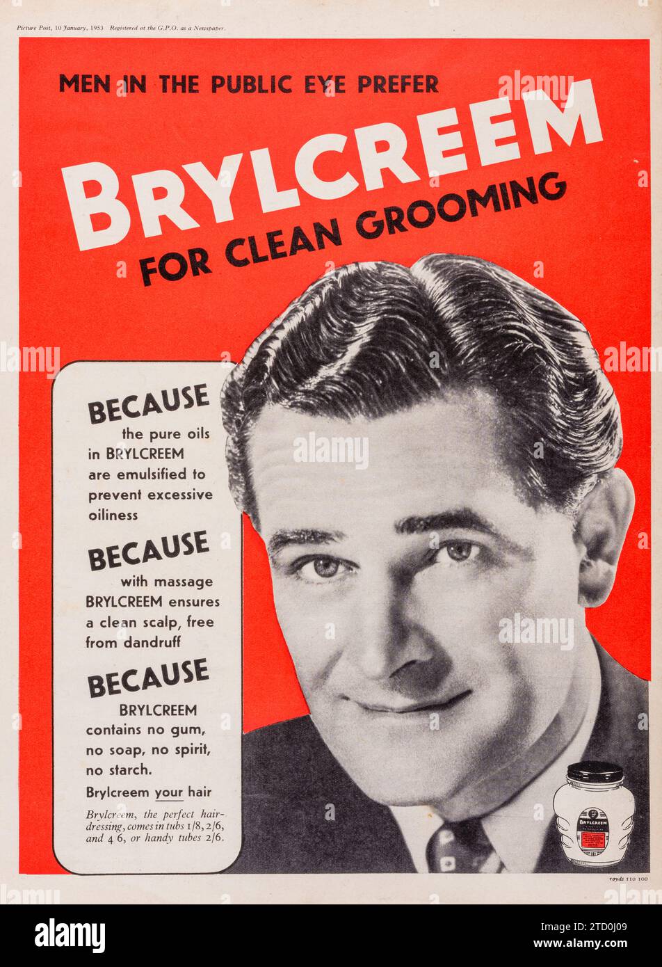 A 1953 advertisement for Brylcreem, the popular men's hair styling ...