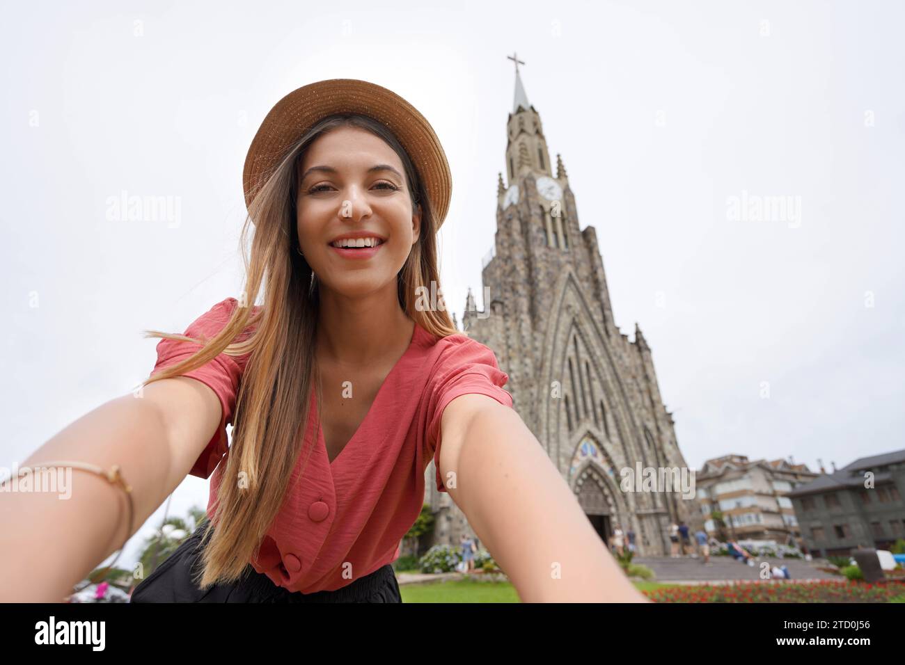 Selfie stylish girl in Canela, Brazil. Young woman taking self portrait ...