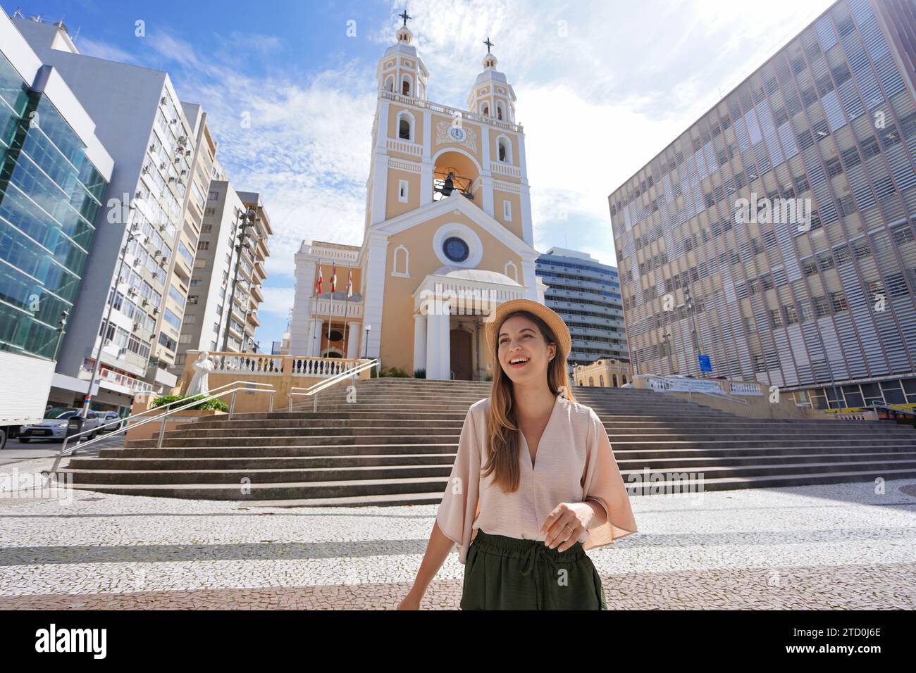 Young traveler woman visiting the city of Florianopolis Santa Catarina ...