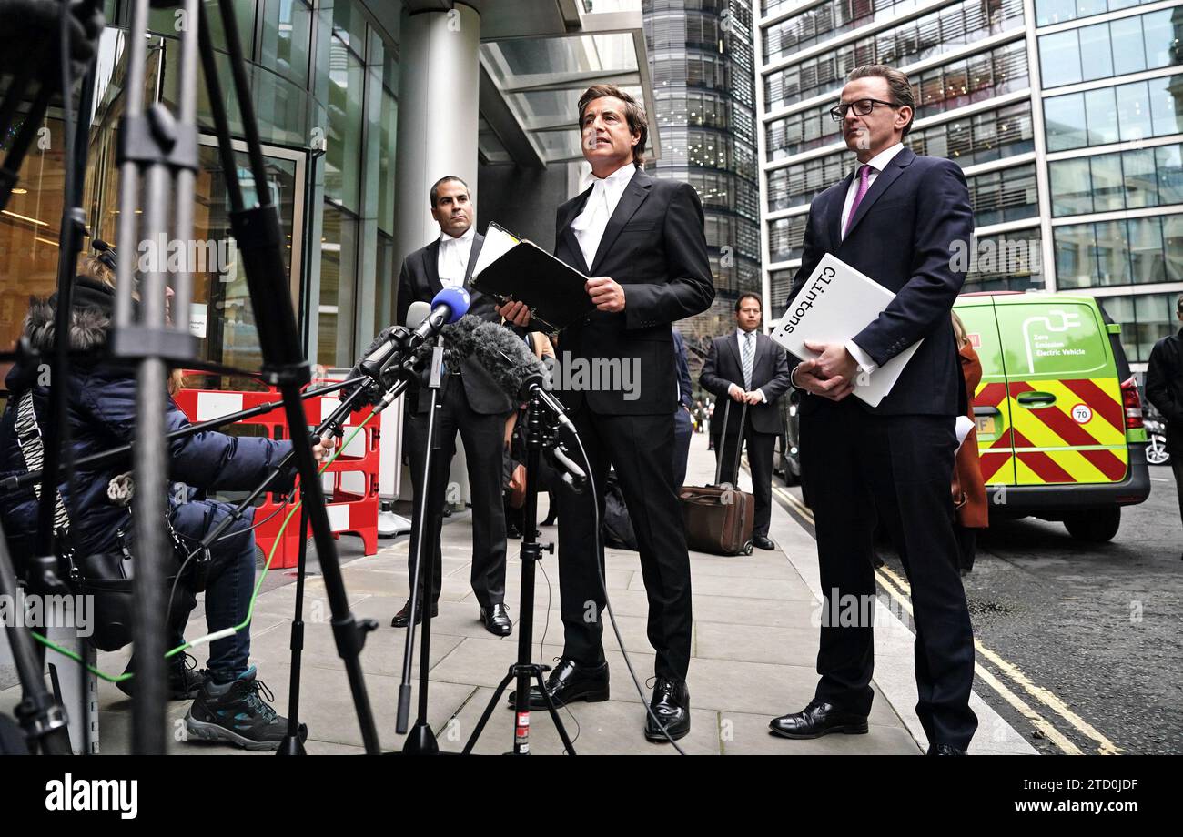 Barrister David Sherborne (centre) reads a statement, on behalf of the ...