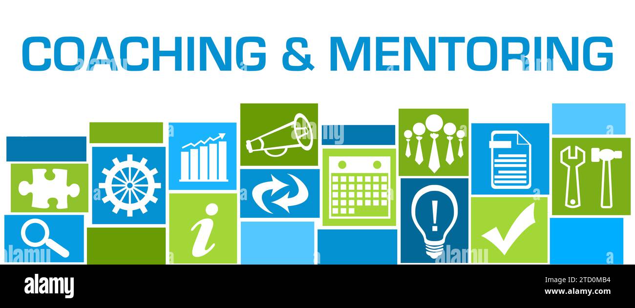 Coaching And Mentoring Green Blue Business Symbols Grid Bottom Text ...