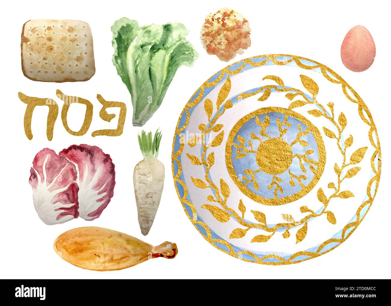 Watercolor Passover seder plate illustration isolated on white Stock Photo - Alamy