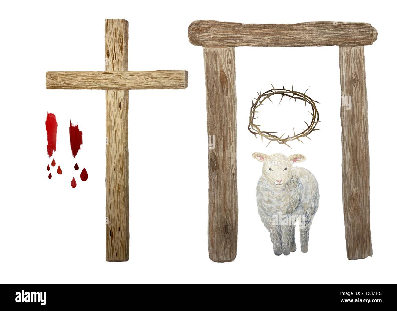 Watercolor wooden cross, lamb, crown of thorns, doorjamb, blood ...