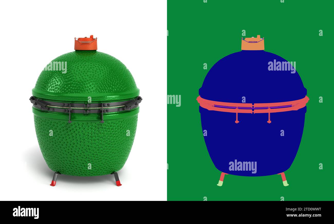 Small barbecue green color BBQ grill for outdoor prepare meat food back view 3d render on white ...