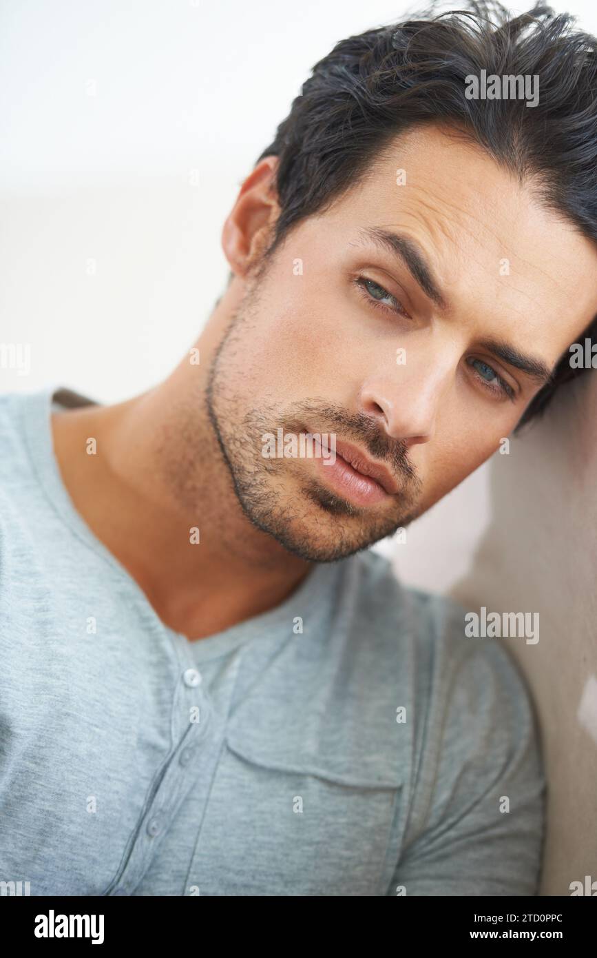 Thinking, face or serious man brainstorming, wondering or looking ...