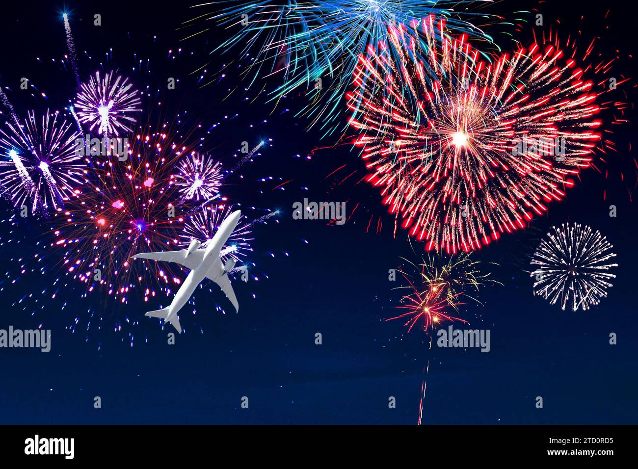 sky fireworks plane on a background with bokeh passenger transport ...