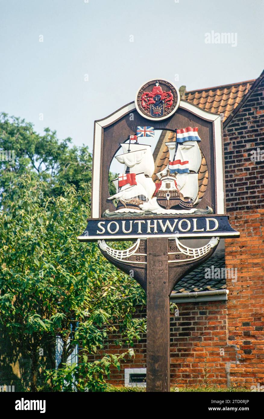 Town signpost depicting Battle of Sole Bay 1672, Southwold, Suffolk ...