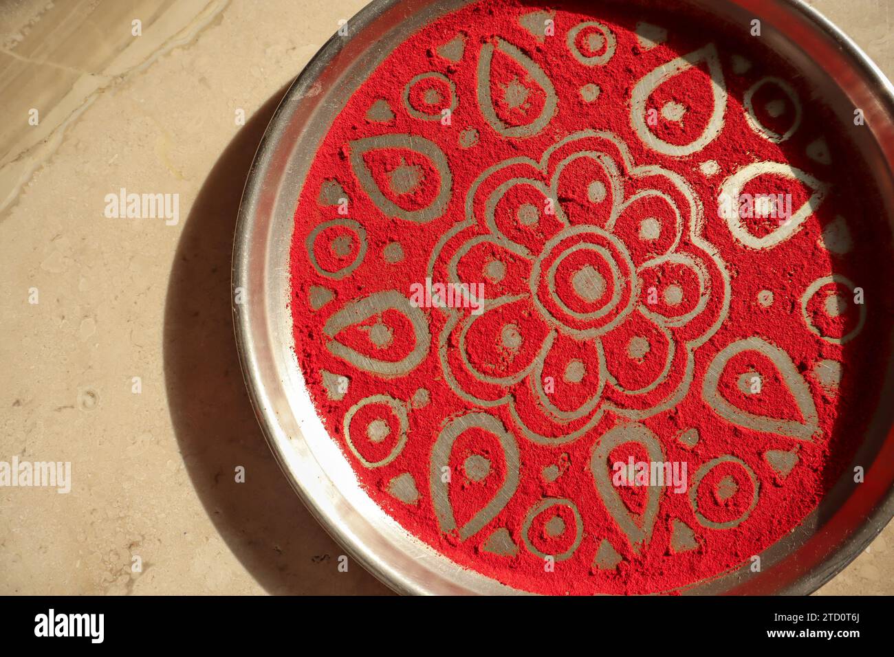 Aarti thali or Pooja thali decorated with vermillion or Kumkum for ...