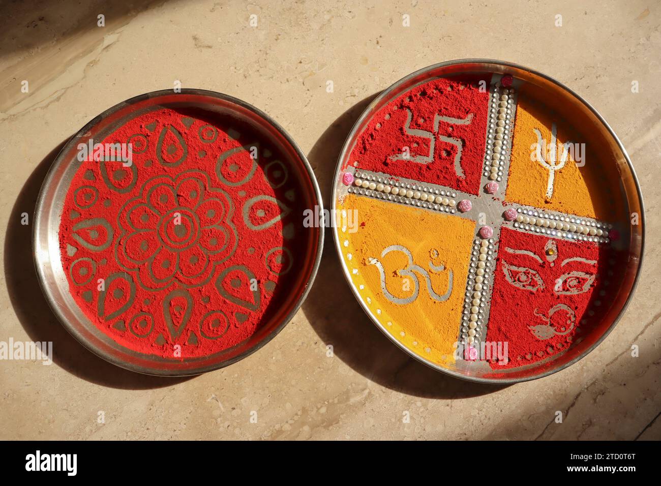 Aarti thali or Pooja thali decorated with vermillion or Kumkum for ...