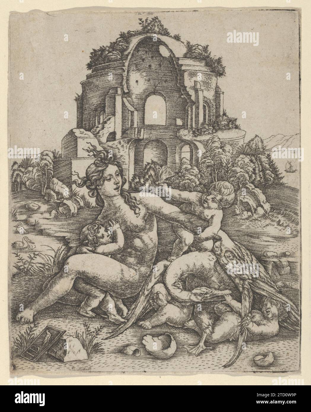 Leda and her children playing with the swan, with a Roman temple in the ...