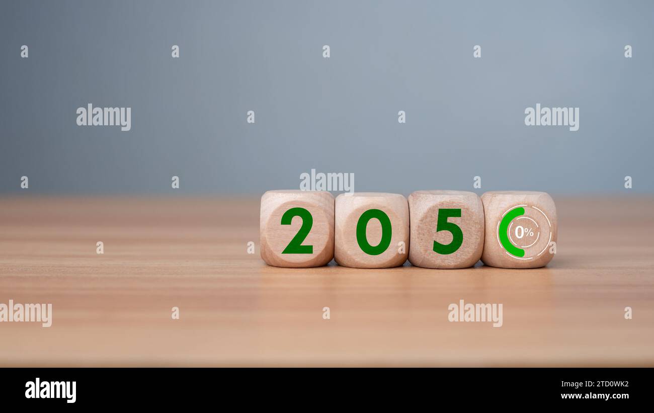 Wooden cubes with net zero icon in 2050 on wooden background, Net zero ...