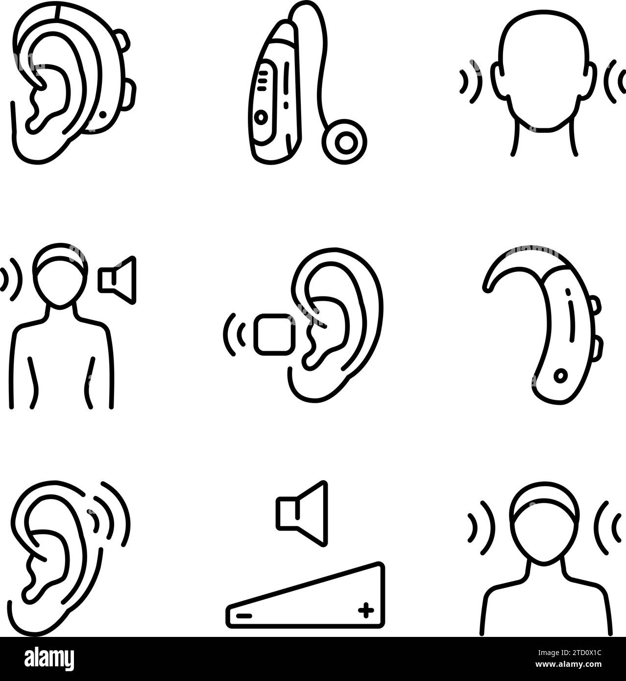Hearing aid line icons set. Volume booster for ears, for the deaf old ...
